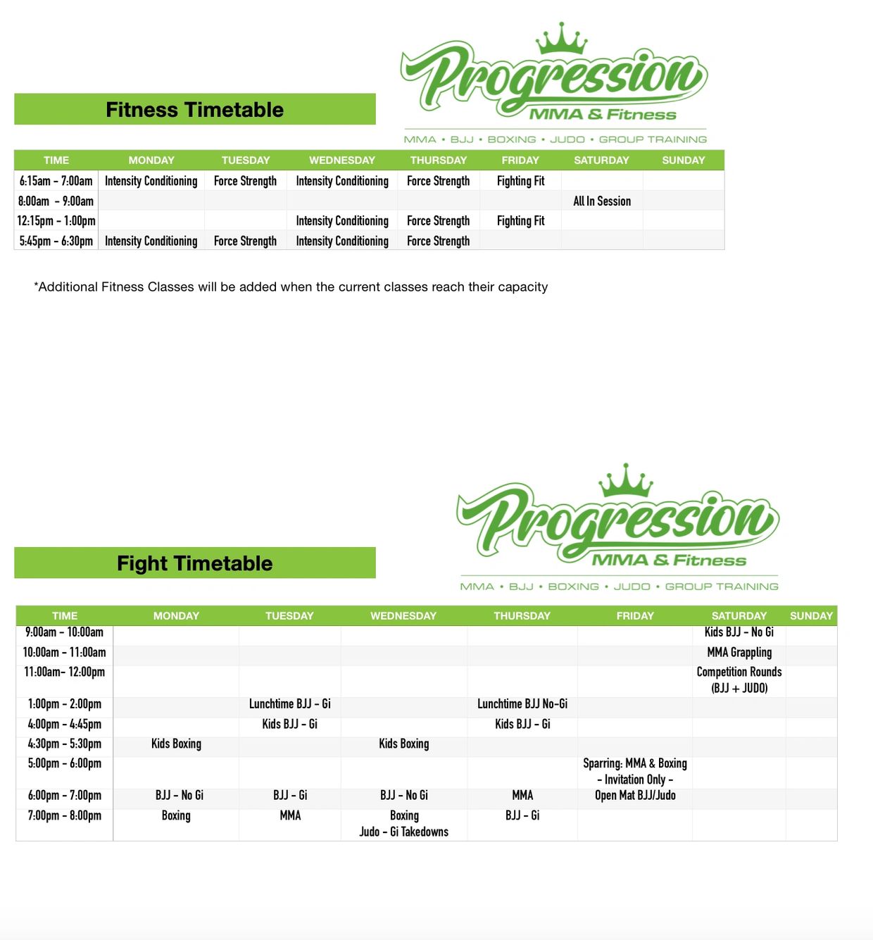 Session Timetable | Progression MMA & Fitness